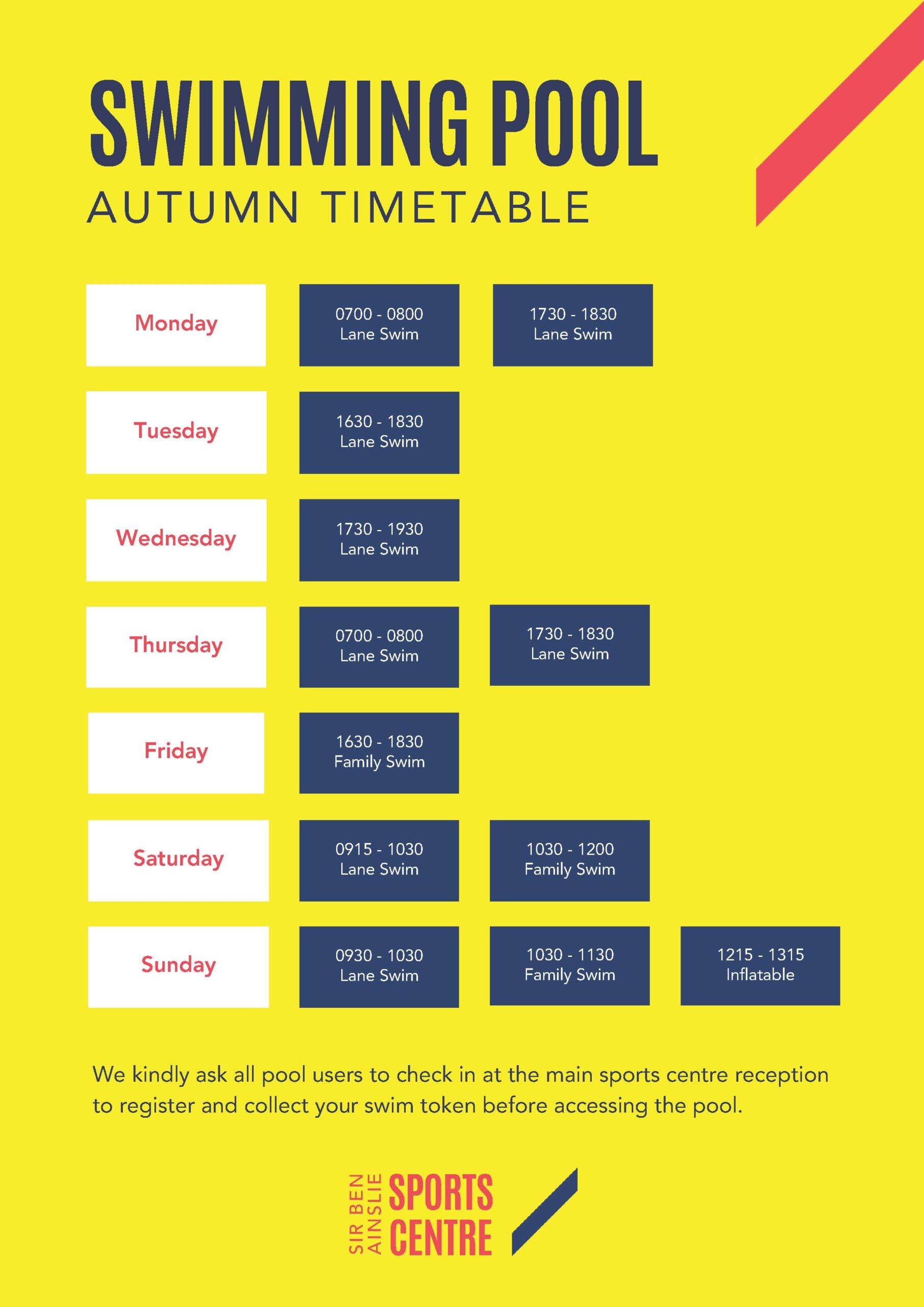 Autumn Swim Timetable : Sir Ben Ainslie Sports Centre
