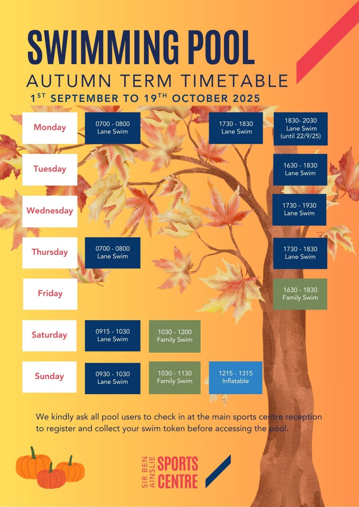New Autumn Term Swim Timetable : Sir Ben Ainslie Sports Centre
